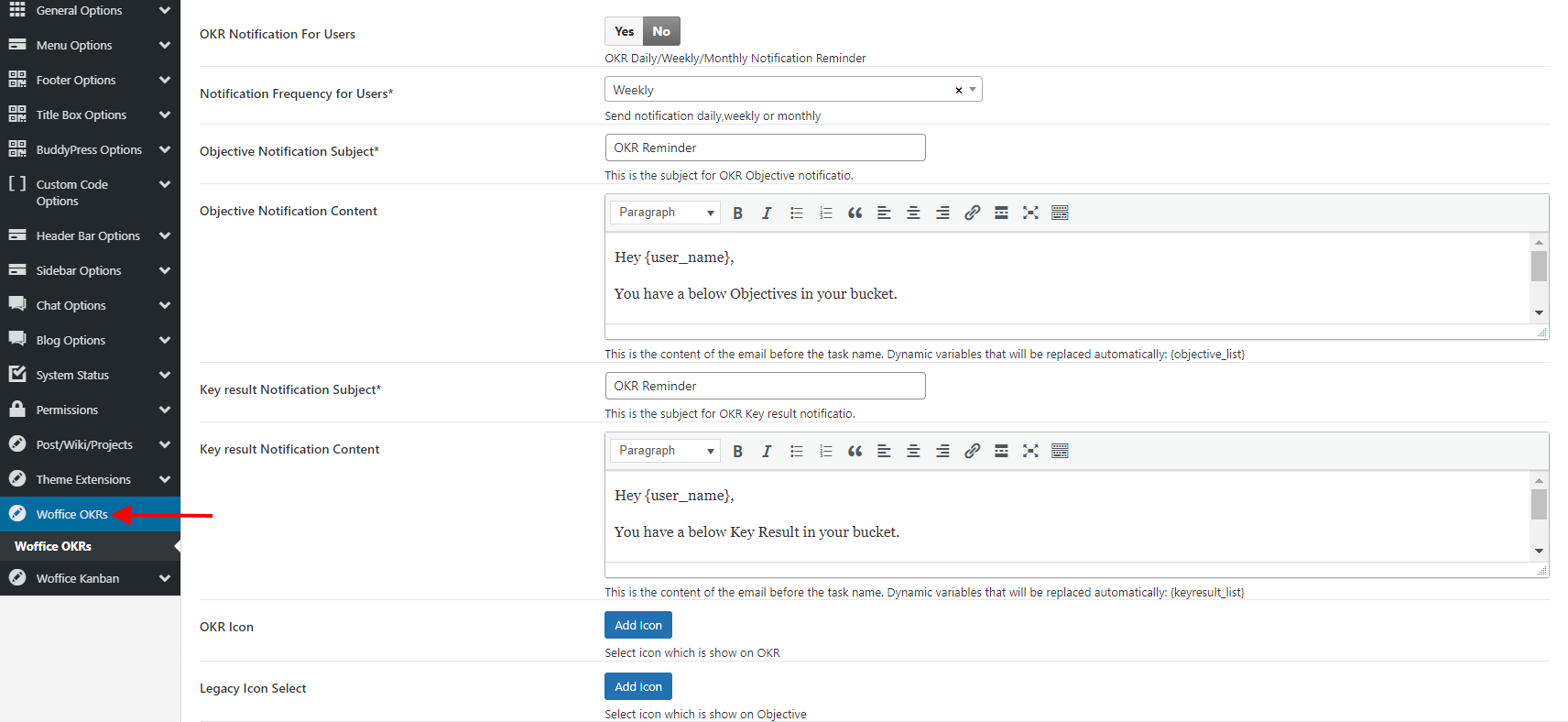 How to Implement Woffice OKR Objective / Key Result notification within the Theme Settings